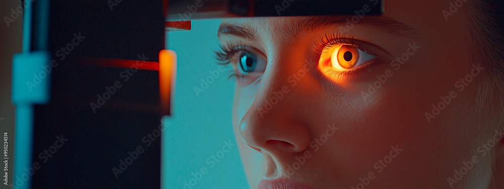 Adult female patient undergoing detailed eye examination with optical ...