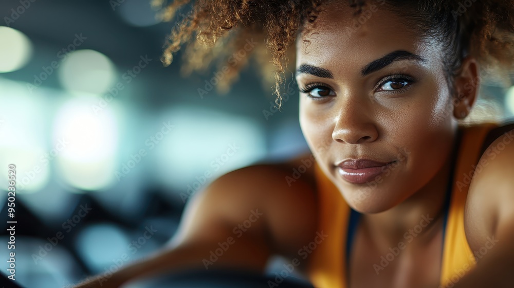 A woman in bright gym attire smiles with a focused expression during a ...