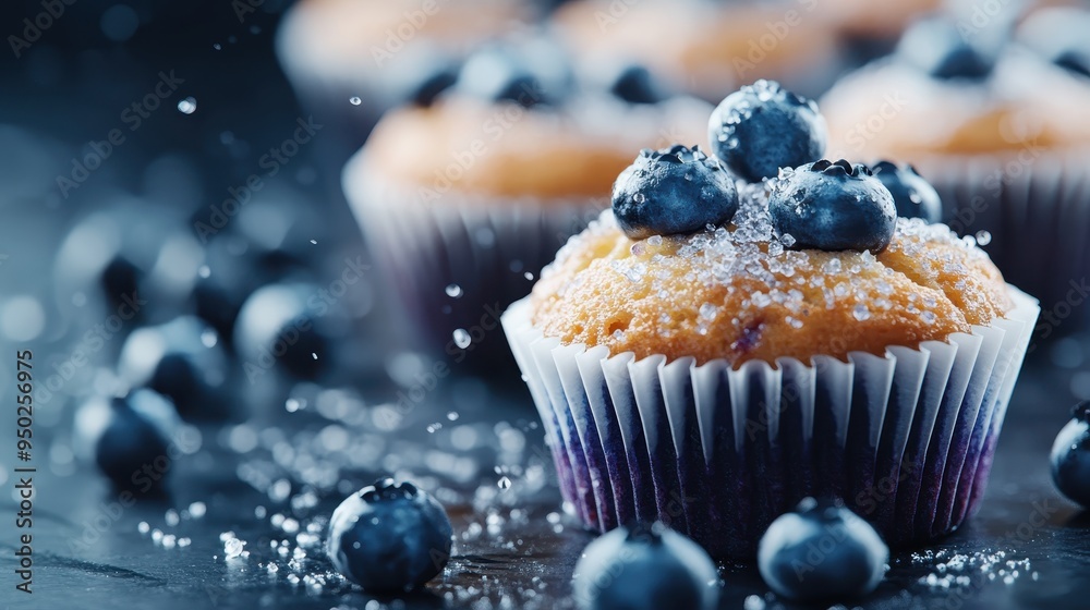 This close-up image depicts a blueberry muffin topped with fresh ...