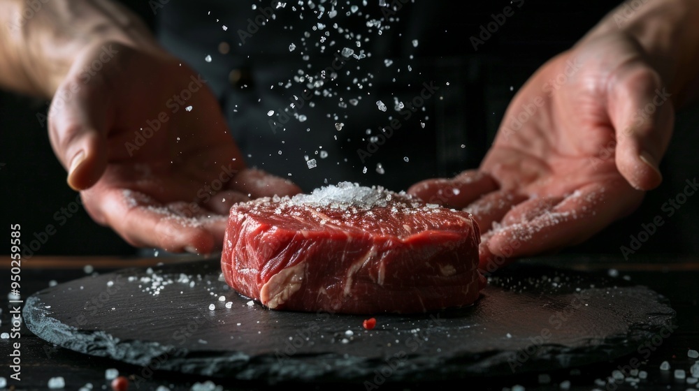 Fresh raw steak being seasoned with salt. The image captures the ...