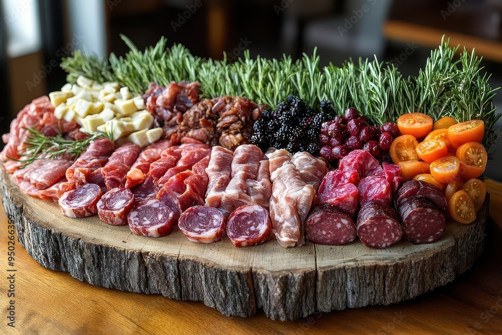 gourmet meat showcase artfully arranged fresh cuts on rustic wooden ...