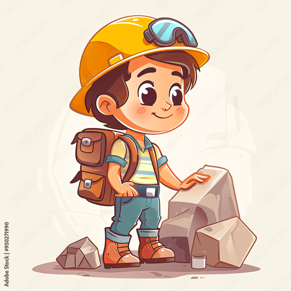Cute Cartoon Boy with Helmet and Backpack Exploring Rocks, Adventure ...