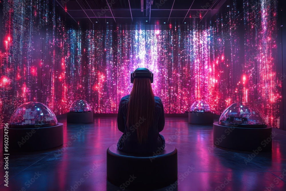 immersive virtual reality talk show set with holographic host floating ...