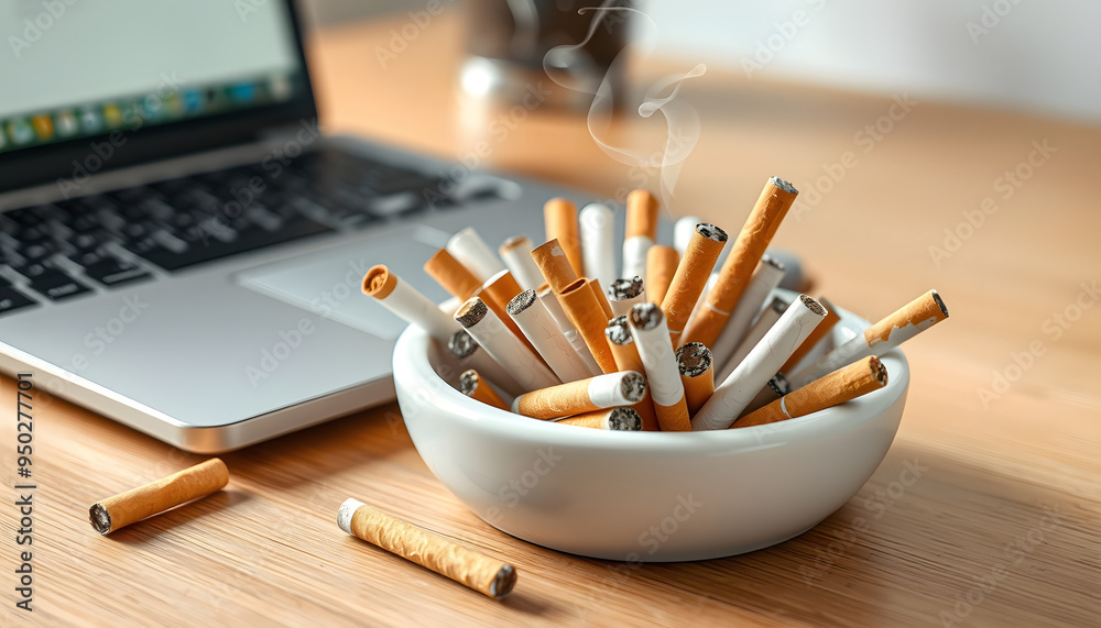 Many cigarette in white ashtray on the desk with laptop computer ...
