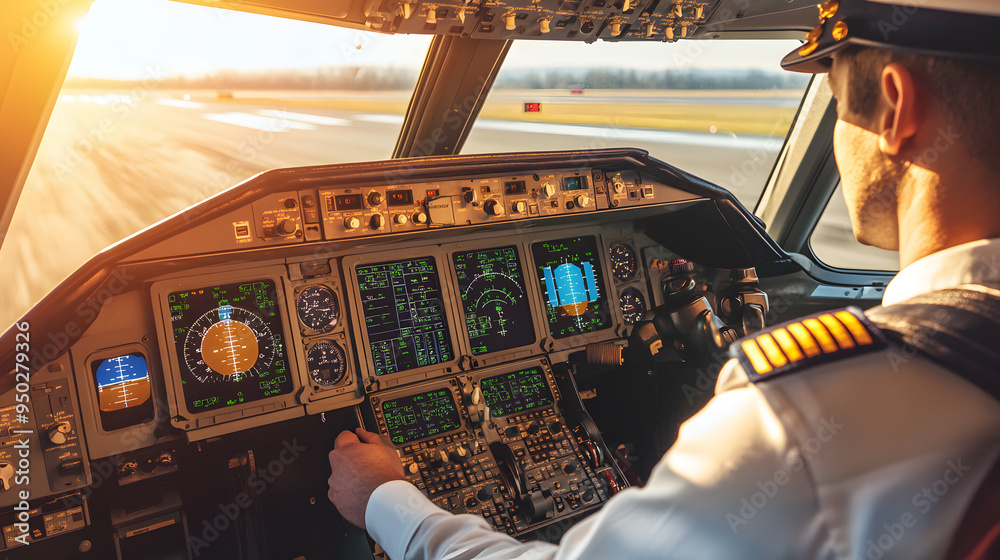 Pilot in uniform meticulously inspecting cockpit instruments of an ...