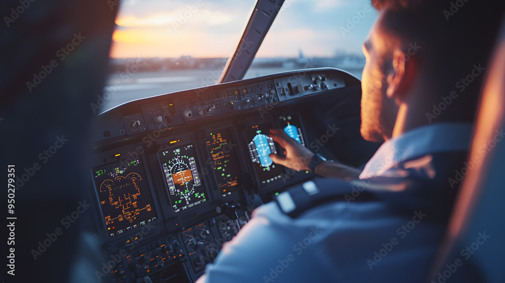 Pilot in uniform meticulously inspecting cockpit instruments of an ...