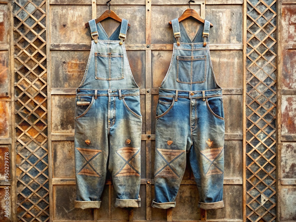 Faded indigo denim overalls with biker panels, worn and weathered to ...