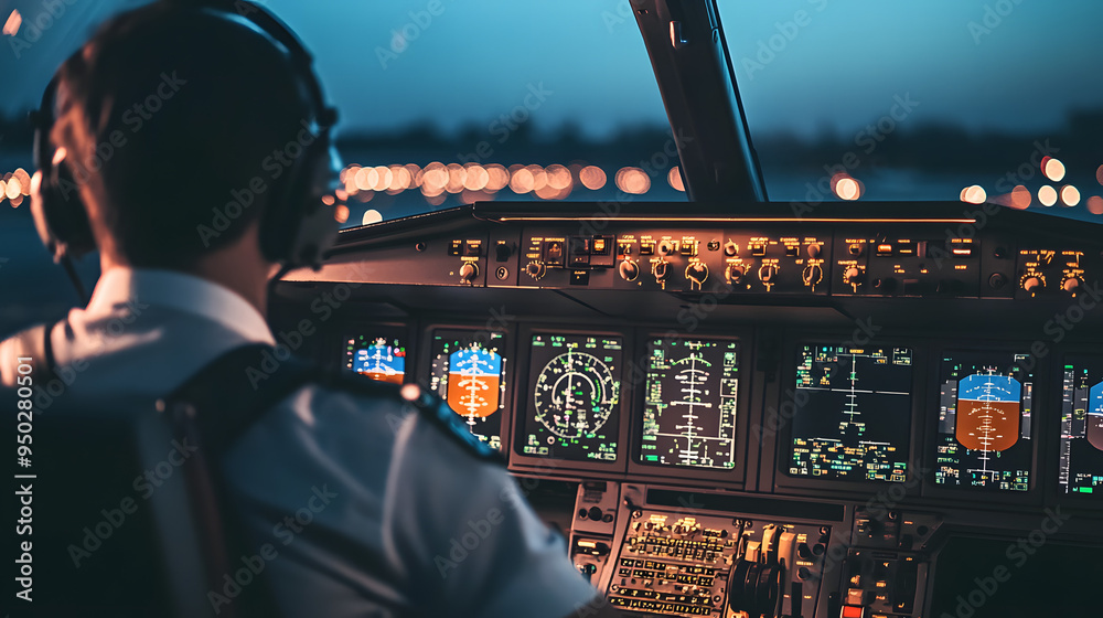 Pilot in uniform meticulously inspecting cockpit instruments of an ...