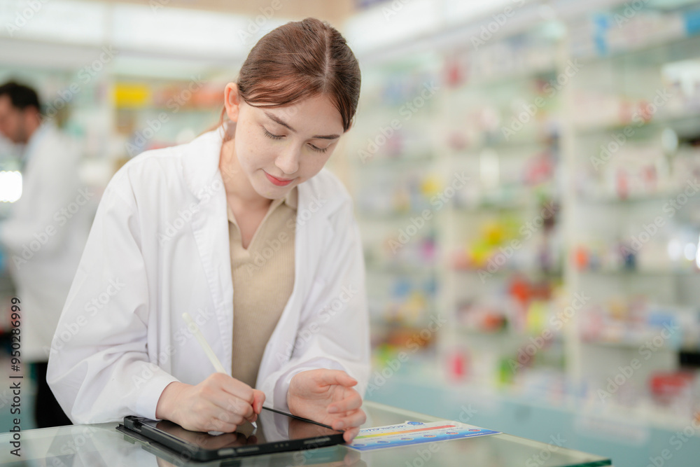 A woman pharmacist inspects a medication bottle, ensuring accuracy in ...