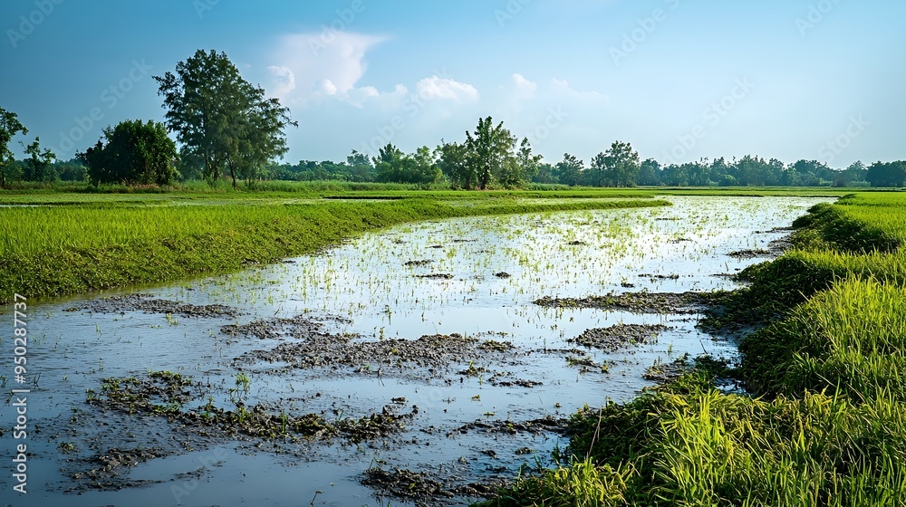 Flooded rice field with waterlogged plants and crops submerged in water ...