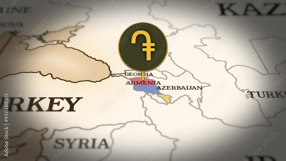Armenian dram currency sign showing on world map with 3D rendering ...