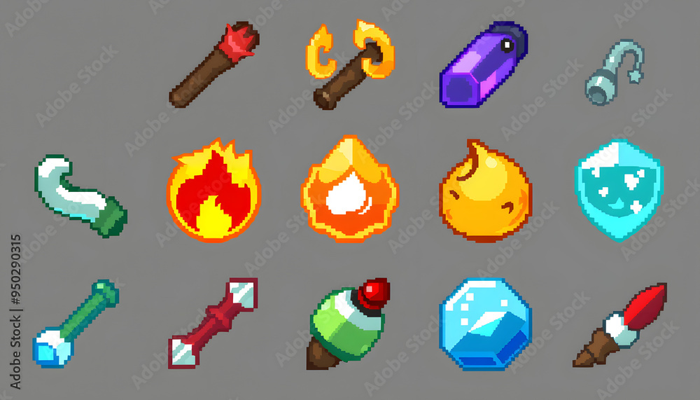 Pixel art vector game item icon set (8bit-color) isolated with white ...