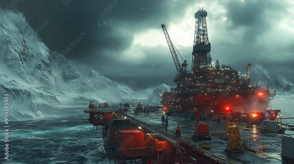 Offshore drilling crew during a shift change, rugged environment ...