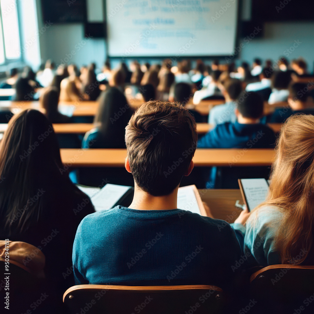 Back view of students in a lecture, classroom, college. Back to school ...