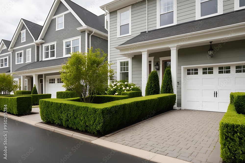 Driveway perspective highlighting townhouse entrances with consistent ...