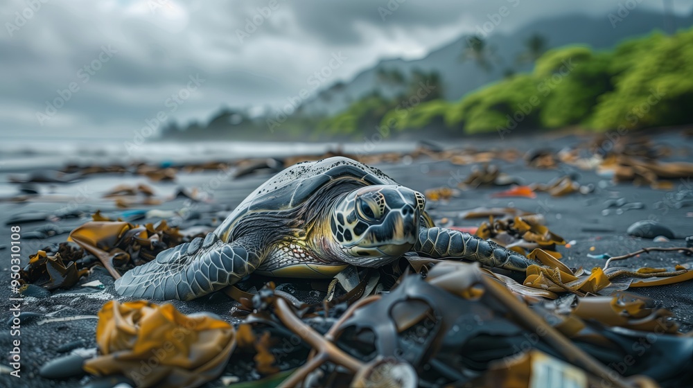 full sea turtle entangled in plastic waste and debris on a polluted ...