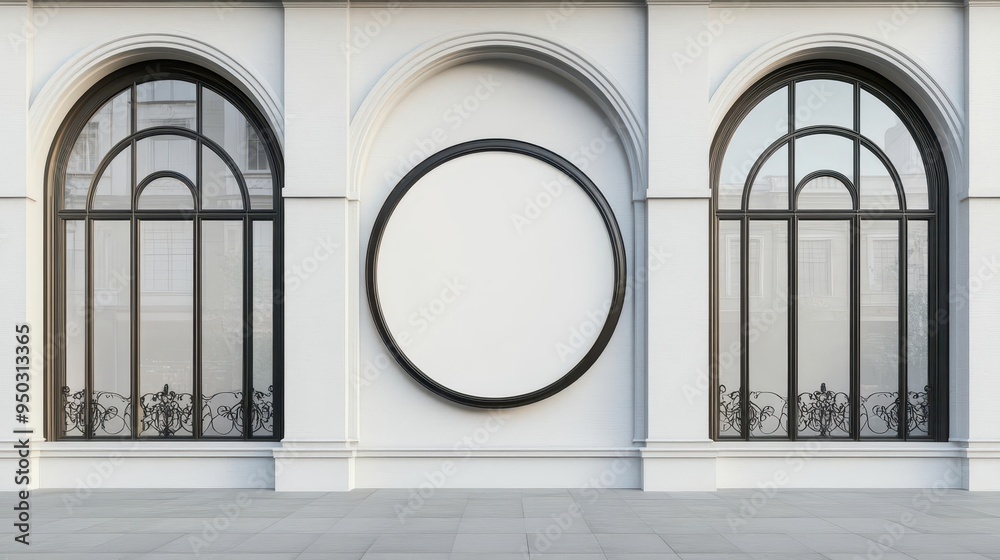 A circular store signboard on a historic storefront with large, arched ...