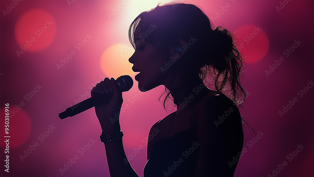 Silhouette of a female vocalist singing into a microphone with a bright ...