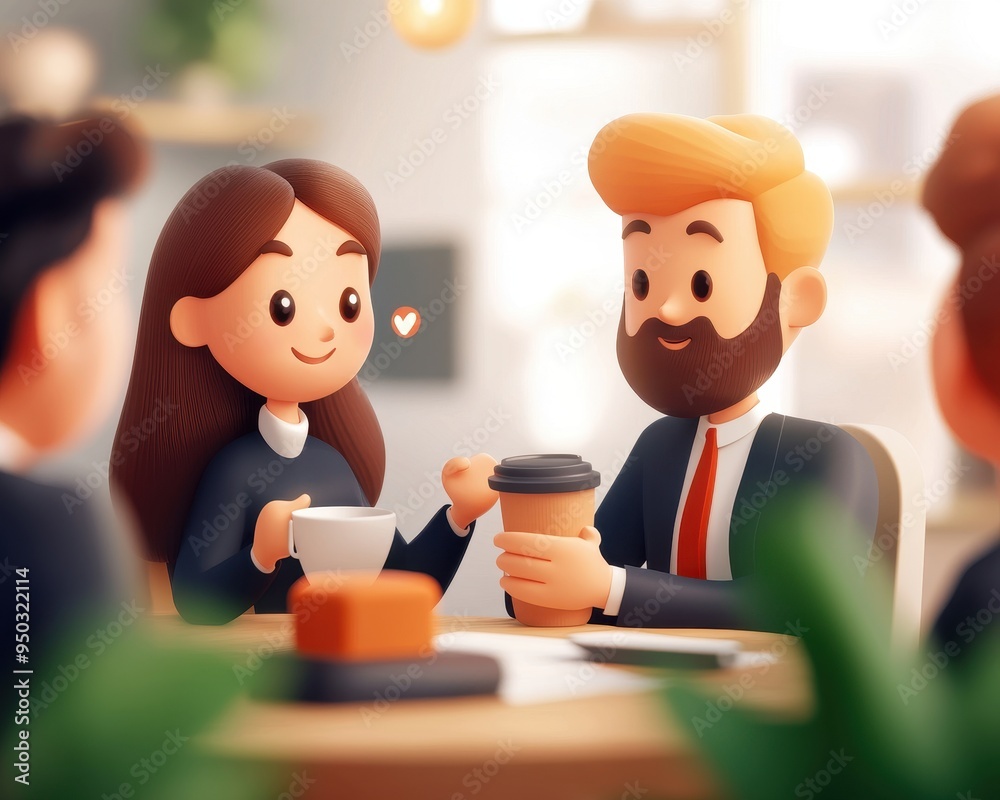 Cartoon business colleagues enjoying coffee together in a cheerful ...