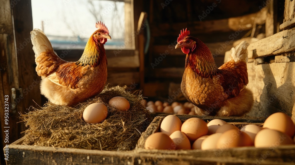 A farm scene with hens laying eggs in a nesting box, highlighting the ...