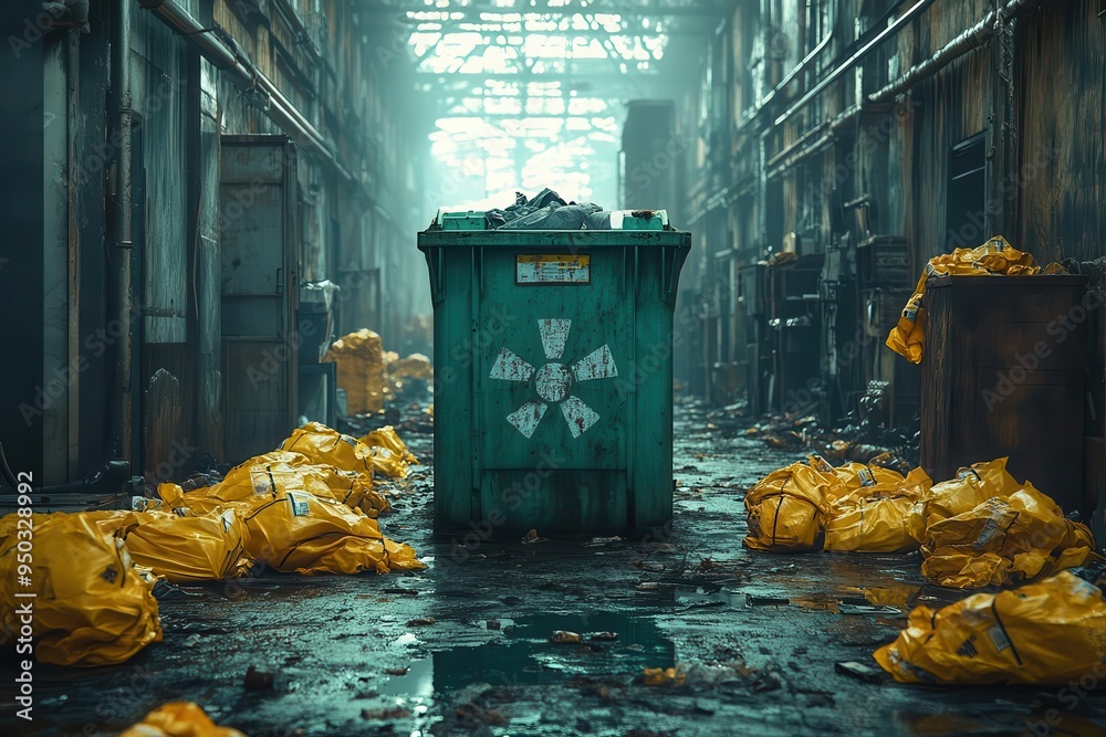 ominous scene of a green radioactive waste container surrounded by ...