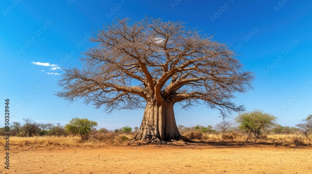 Ancient baobab tree with a thick trunk and sparse branches under a ...