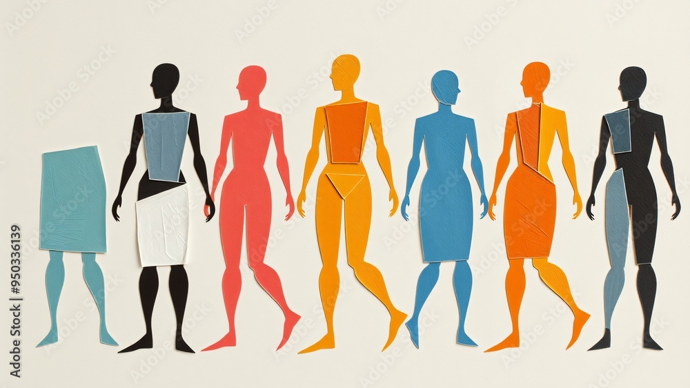 Colorful abstract human figures arranged in a line highlight different ...