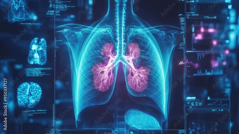 Digital chest X-ray of a patient showing lungs and heart shadow, with ...