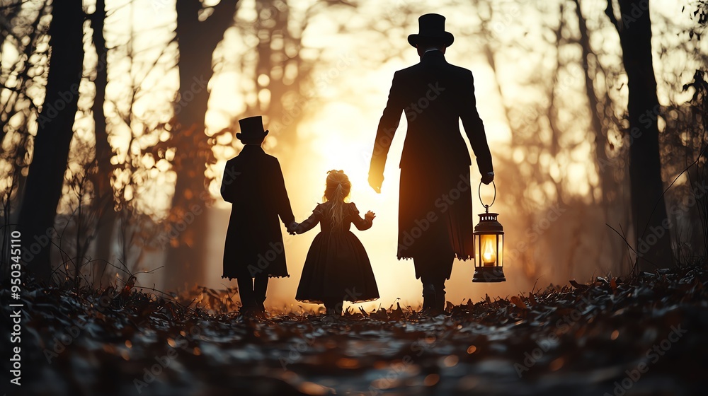 Victorian ghost family in a foggy graveyard, eerie lantern light ...