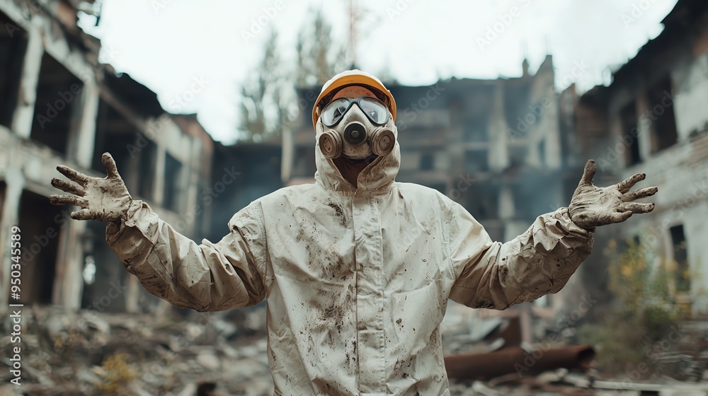 Zombie construction worker in a ruined city, eerie setting, unsettling ...