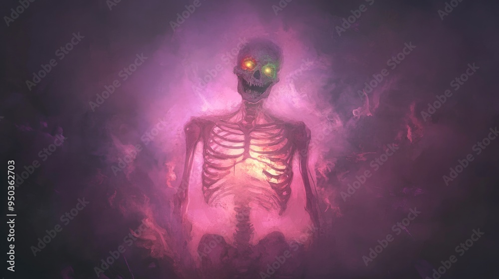 Glowing skeleton with vibrant, colorful eyes in misty, purple fog ...
