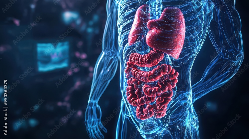 A detailed anatomical illustration of the human digestive system with ...