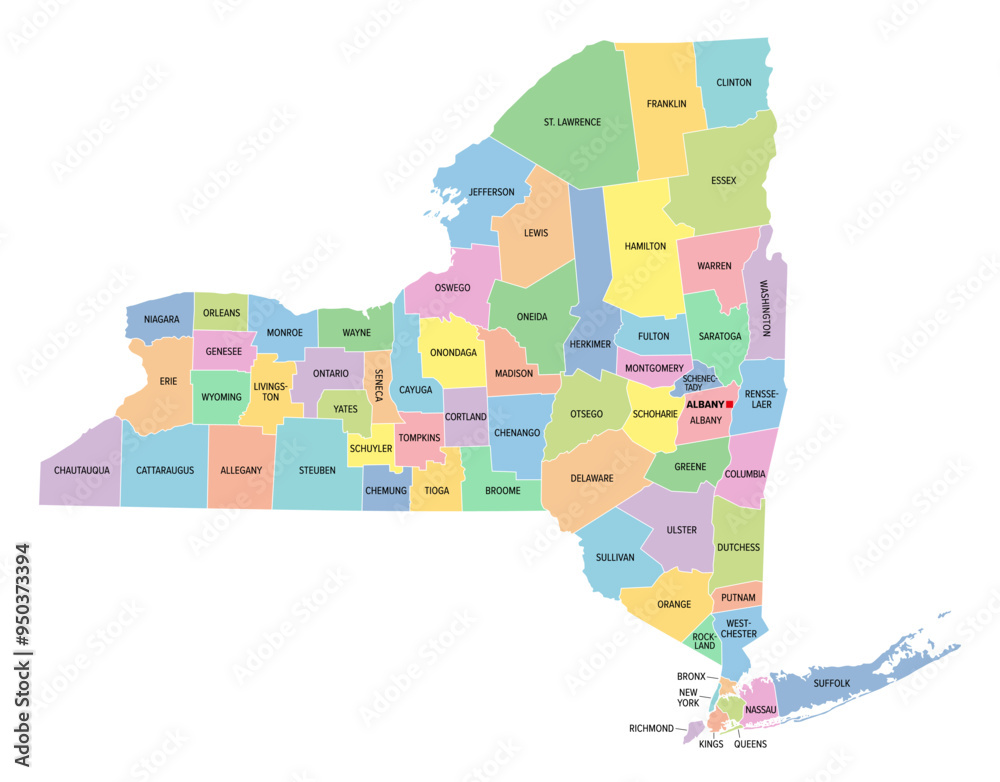 New York, U.S. state, subdivided into 62 counties, multi colored ...