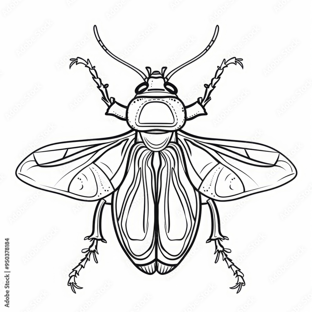 Black and white illustration of a detailed beetle with wings and ...
