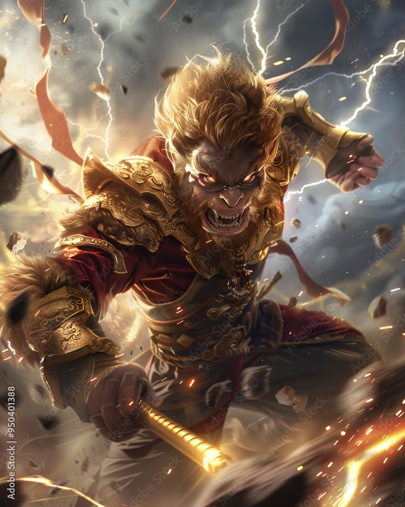 Sun Wukong, the Monkey King, in the middle of an intense battle with a ...