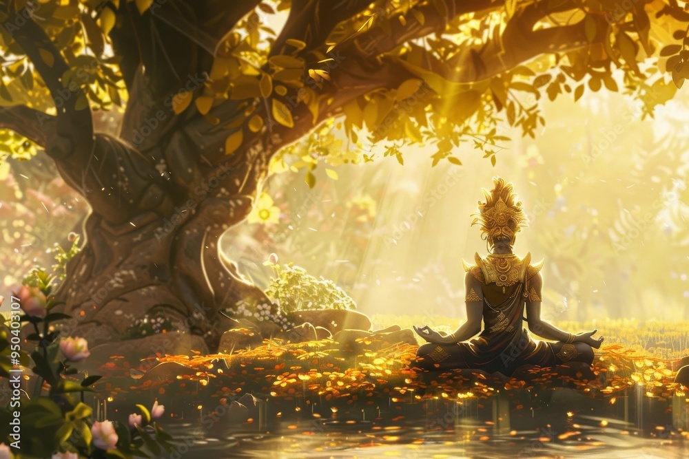Sun Wukong, the Monkey King, sitting under a Bodhi tree in a meditative ...