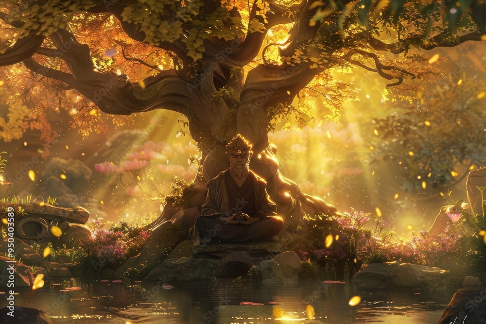 Sun Wukong, the Monkey King, sitting under a Bodhi tree in a meditative ...