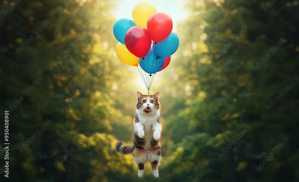 calico cat kitten flying with balloons, floating in the sky, cute and ...