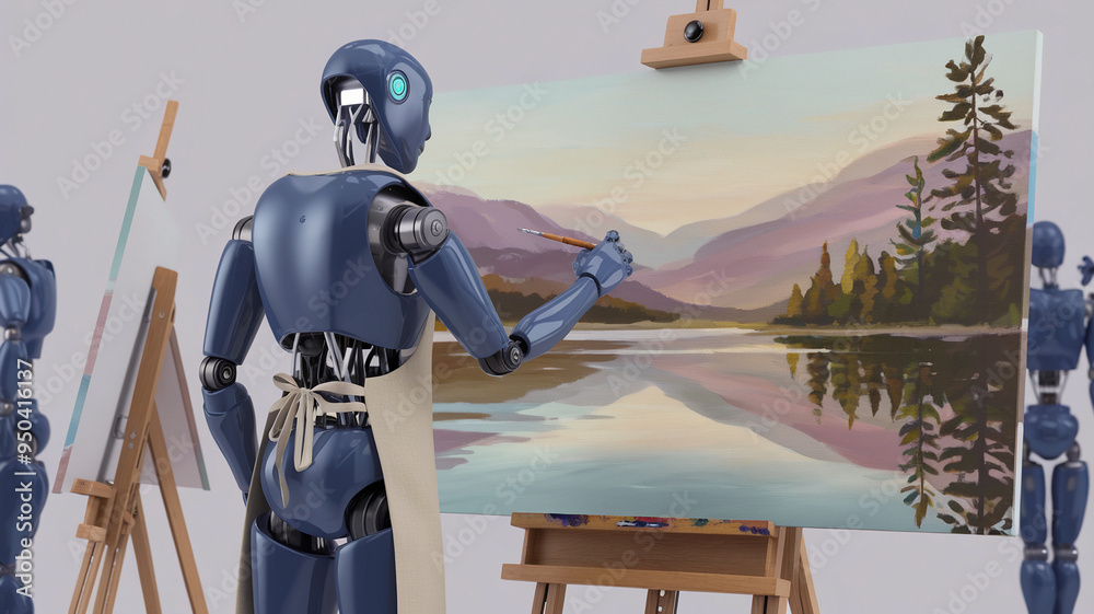 Artificial Intelligence painter Artistic Cyborg create art in art room ...