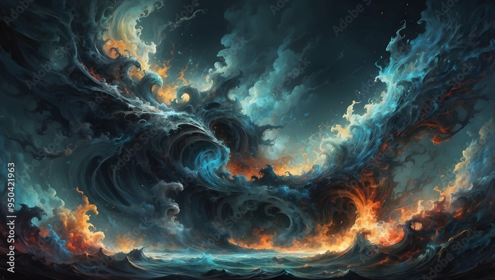 The Leviathan's Wrath: A colossal sea monster, jaws agape in a fearsome roar, rises from the ...