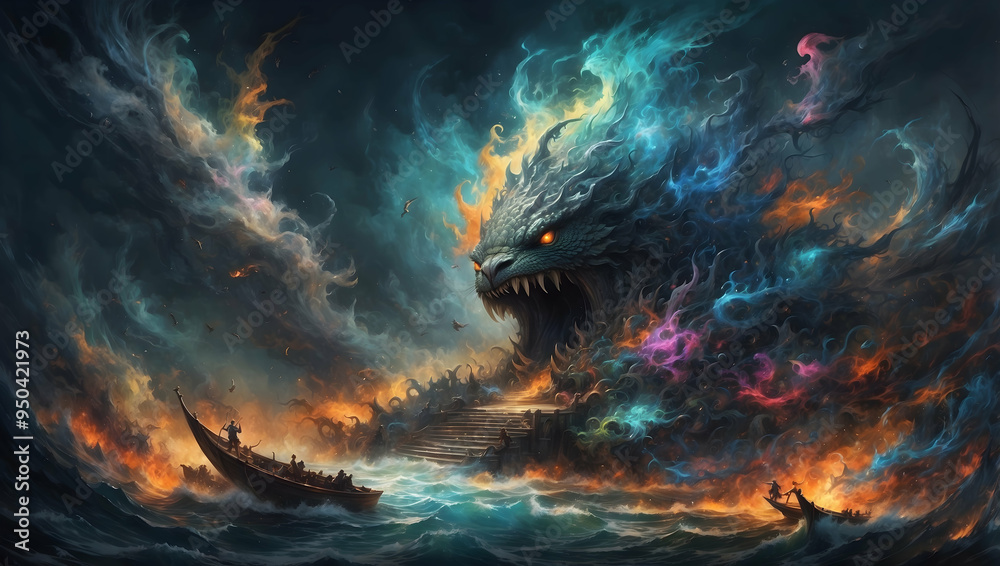 The Leviathan's Wrath: A colossal sea monster, jaws agape in a fearsome roar, rises from the ...