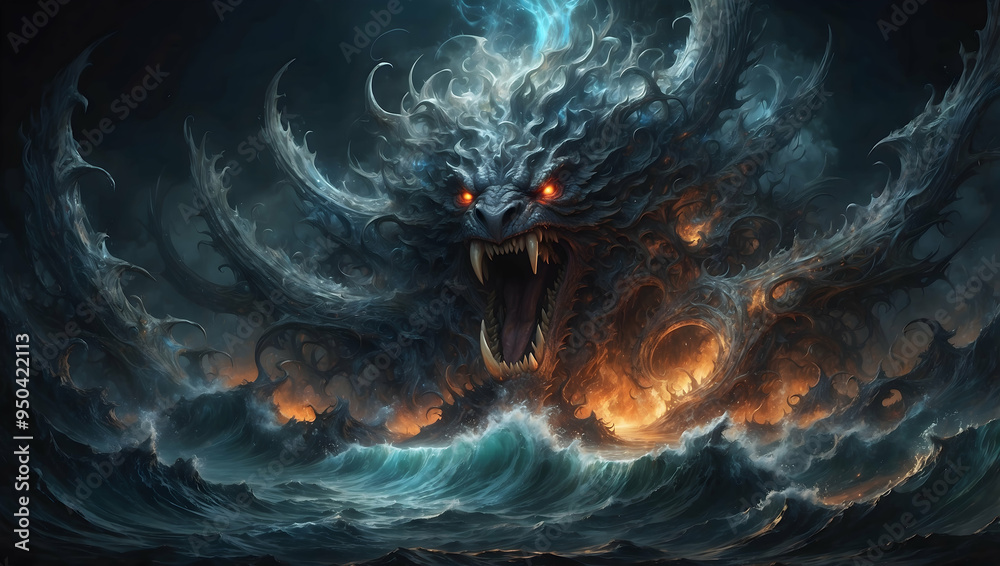 The Leviathan's Wrath: A colossal sea monster, jaws agape in a fearsome roar, rises from the ...
