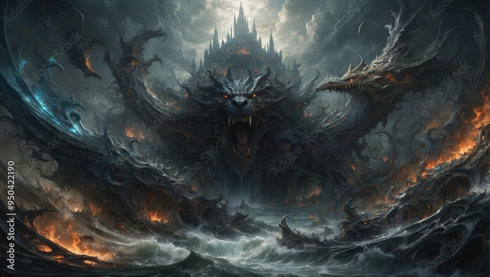 The Leviathan's Wrath: A colossal sea monster, jaws agape in a fearsome roar, rises from the ...