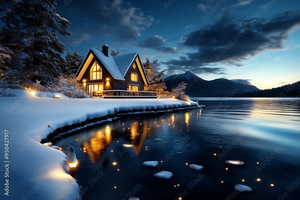 Beauty of Winter in the quiet of a snowy night, depicted in an artwork ...