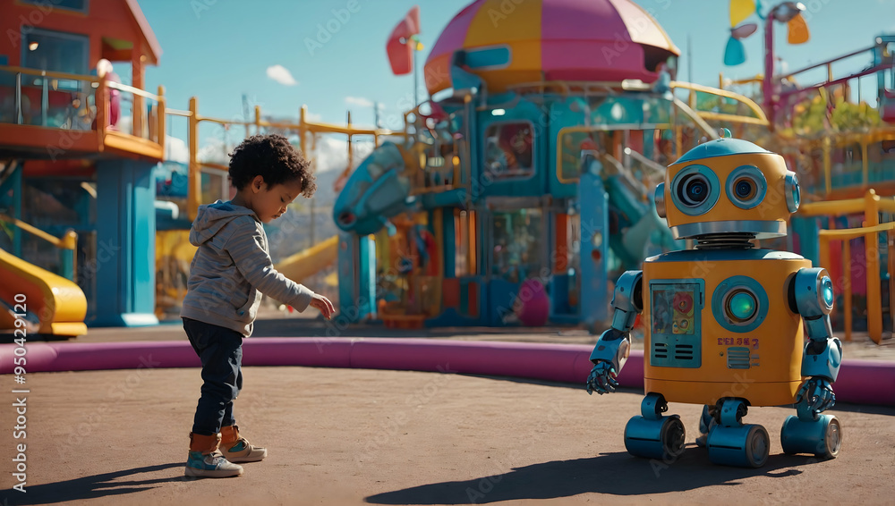 Playground Pals: A young boy curiously interacts with a friendly robot ... Playground Pals: A young boy curiously interacts with a friendly robot ...