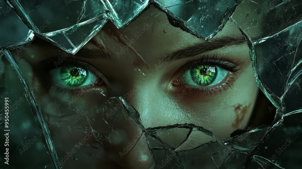 Mystical green eyes peering through shattered glass creating a surreal ...