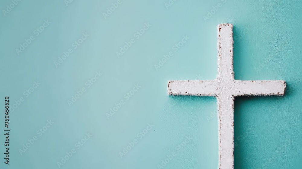 This image features a white cross centered against a solid teal ...