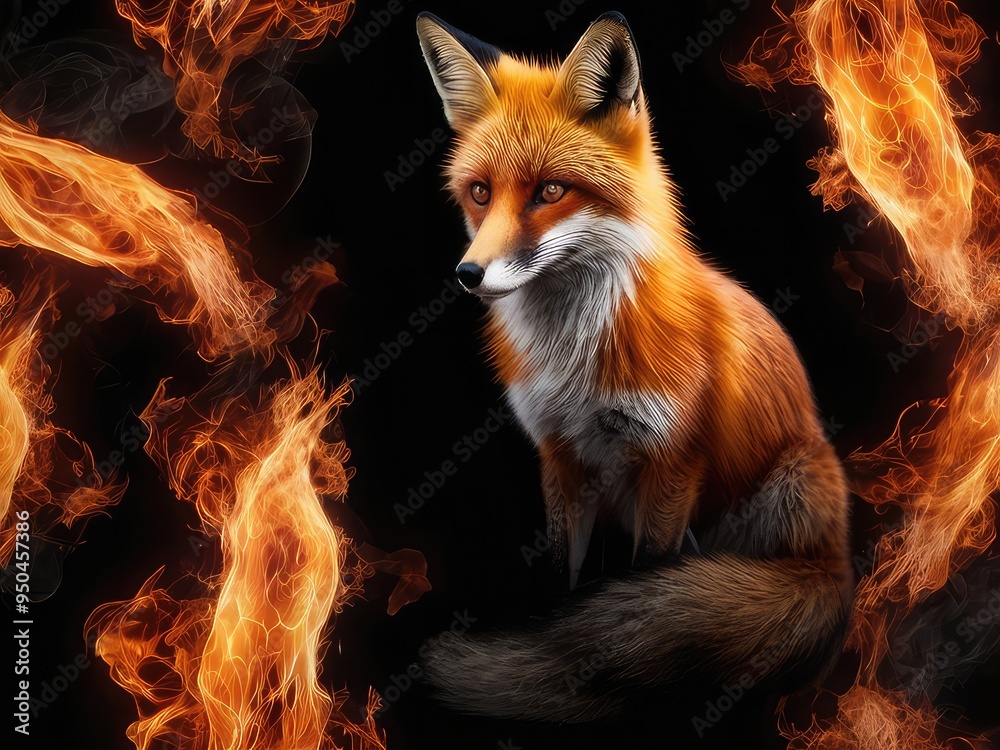 abstract 3d background with red fox on black background, A scary fox ...