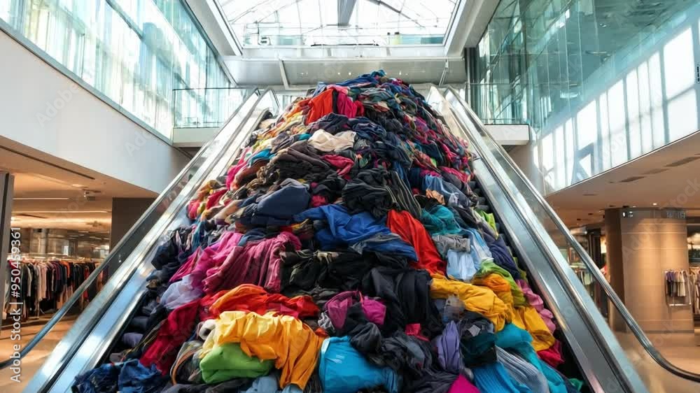 A vibrant collection of discarded clothes fills the escalator of a ...