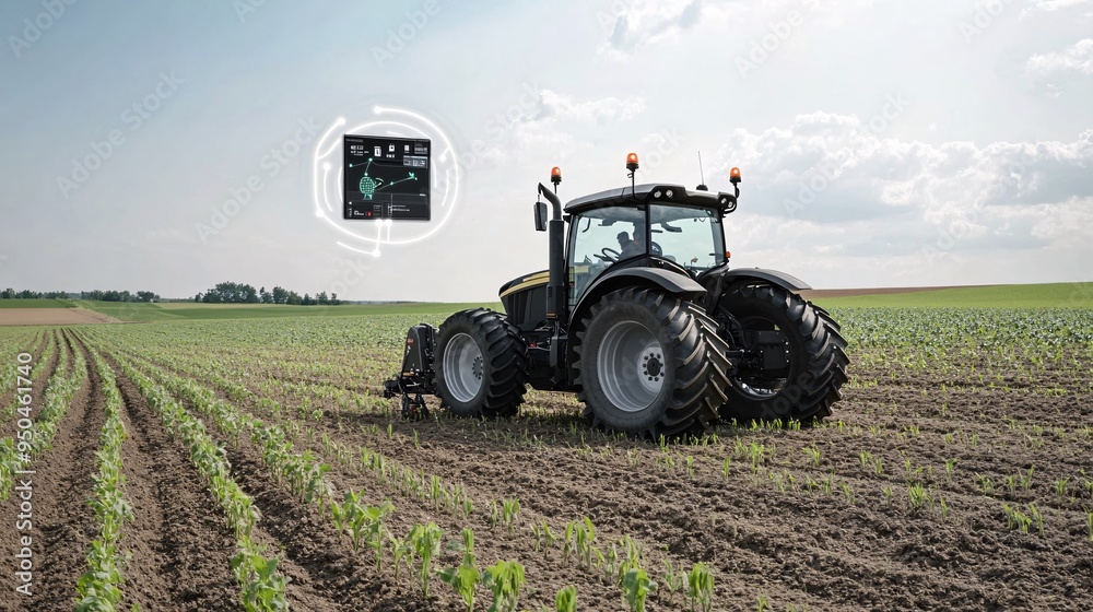 ภาพประกอบสต็อก A futuristic tractor equipped with IoT sensors and GPS ...